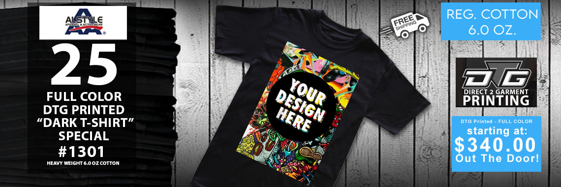 Full Color Custom DTG Special - 25 Full Color Printed Black Cotton Tees ...